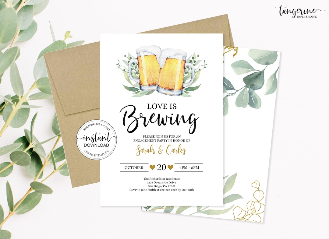 Editable Love is Brewing Invitation, Beer Engagement Party Invitation ...