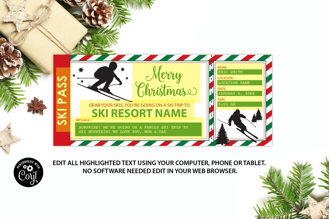 Christmas Ski Trip Ticket, Ski Lift Ticket Template, Surprise Skiing ...