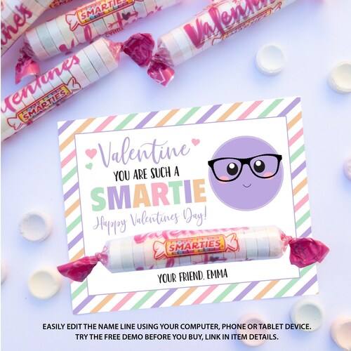 Smartie Valentines Day Tag Printable Kids Valentine Card - Etsy