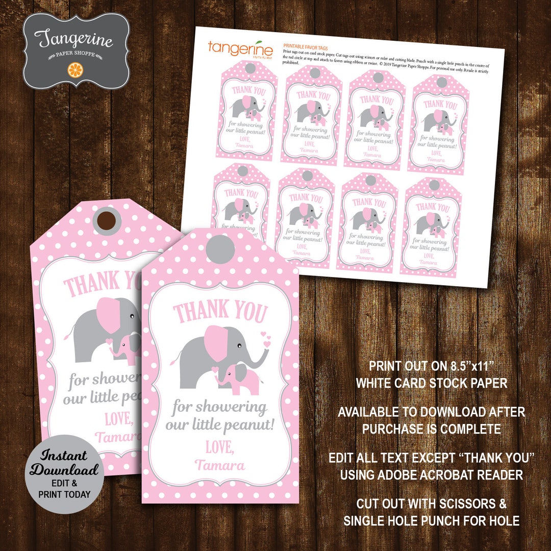 Elephant Favor Tags, Pink Elephant Thank You Tags, Elephant Baby Shower ...