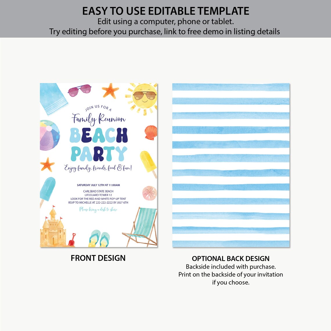 Editable Family Reunion Beach Party Invitation, Family Friends Beach ...