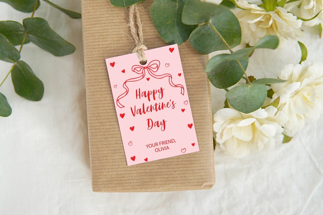 Pink Red Bow Valentine's Tag, Coquette Kids Valentine Gift Tag ...