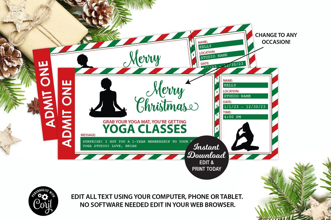 Christmas Yoga Classes Ticket, Yoga Christmas Gift, Editable Ticket ...