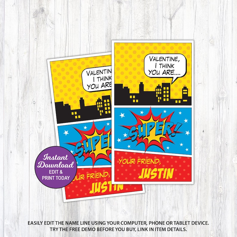 Superhero Valentine Printable Kids Valentines School - Etsy