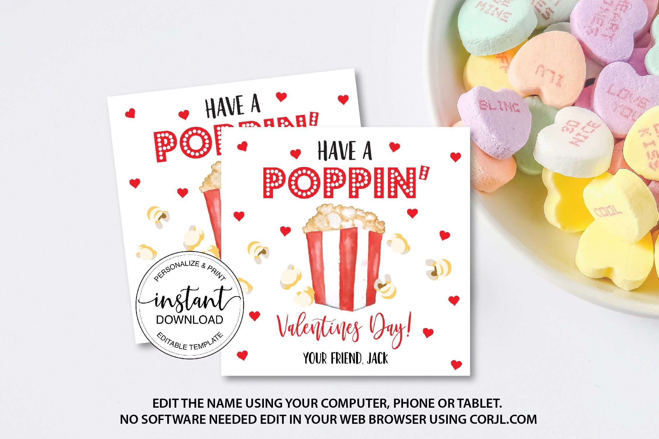 Popcorn Valentines Day Tag Printable, Kids Valentine Card, Non Candy ...
