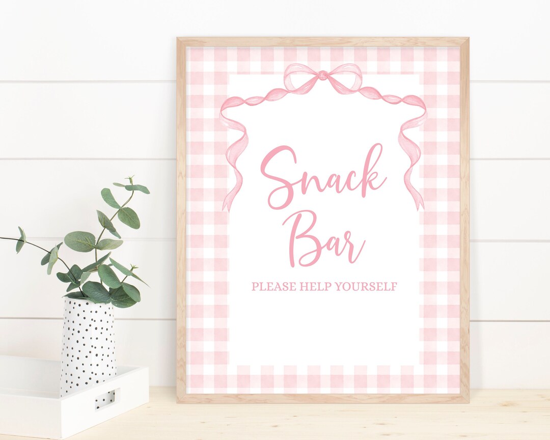 Pink Gingham Bow Snack Bar Sign, Snack Station, Watercolor Bow Birthday ...