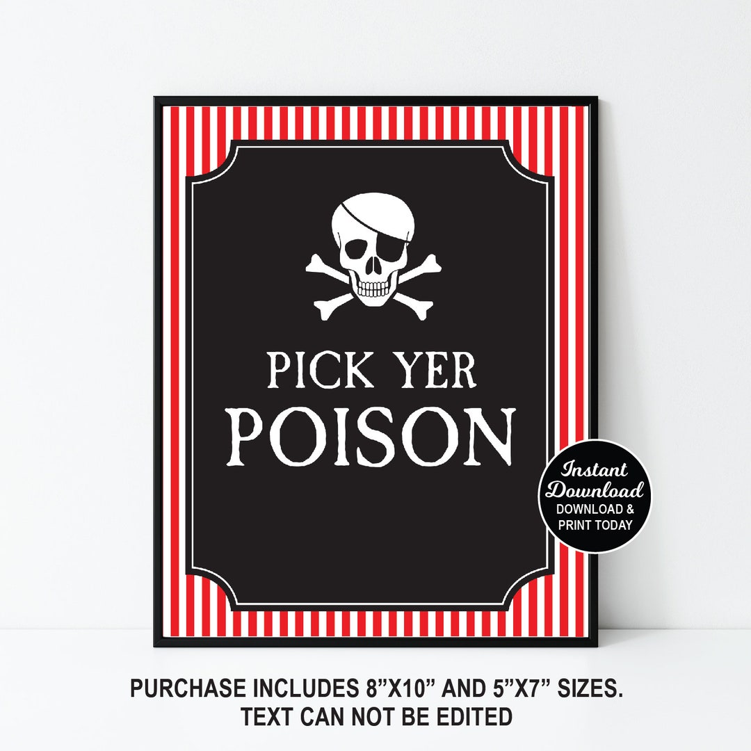 Pirate Pick Yer Poison Sign, Pirate Drink Sign, Pirate Birthday ...