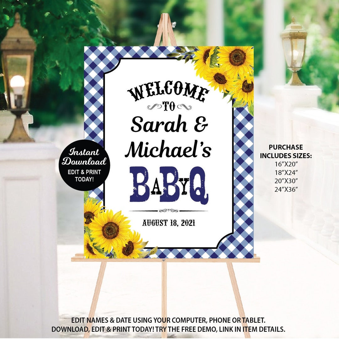 Baby Q Welcome Sign Navy, Baby Q Shower Sign, Sunflower BBQ Baby Shower ...