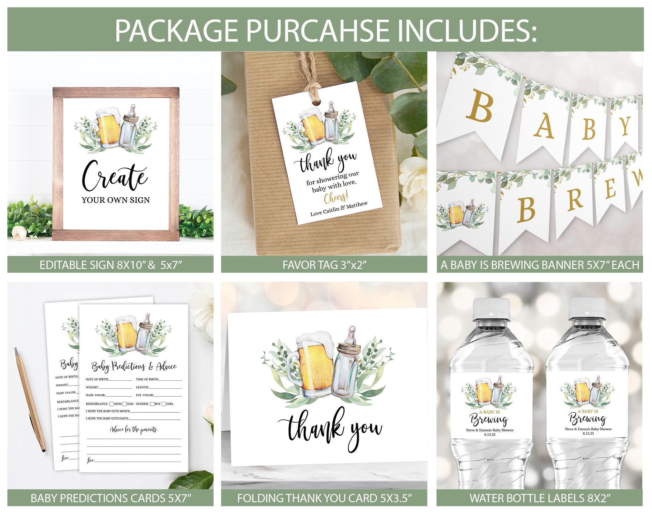 A Baby is Brewing Decoration Package, Editable Beer Baby Shower Decor ...