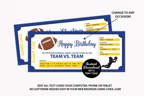 Editable Football Game Ticket, Football Gift Ticket, Birthday Football ...