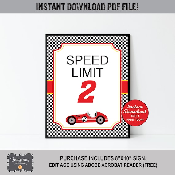 Speed Limit Sign, Race Car Birthday Sign Printable, Racing Party Sign ...