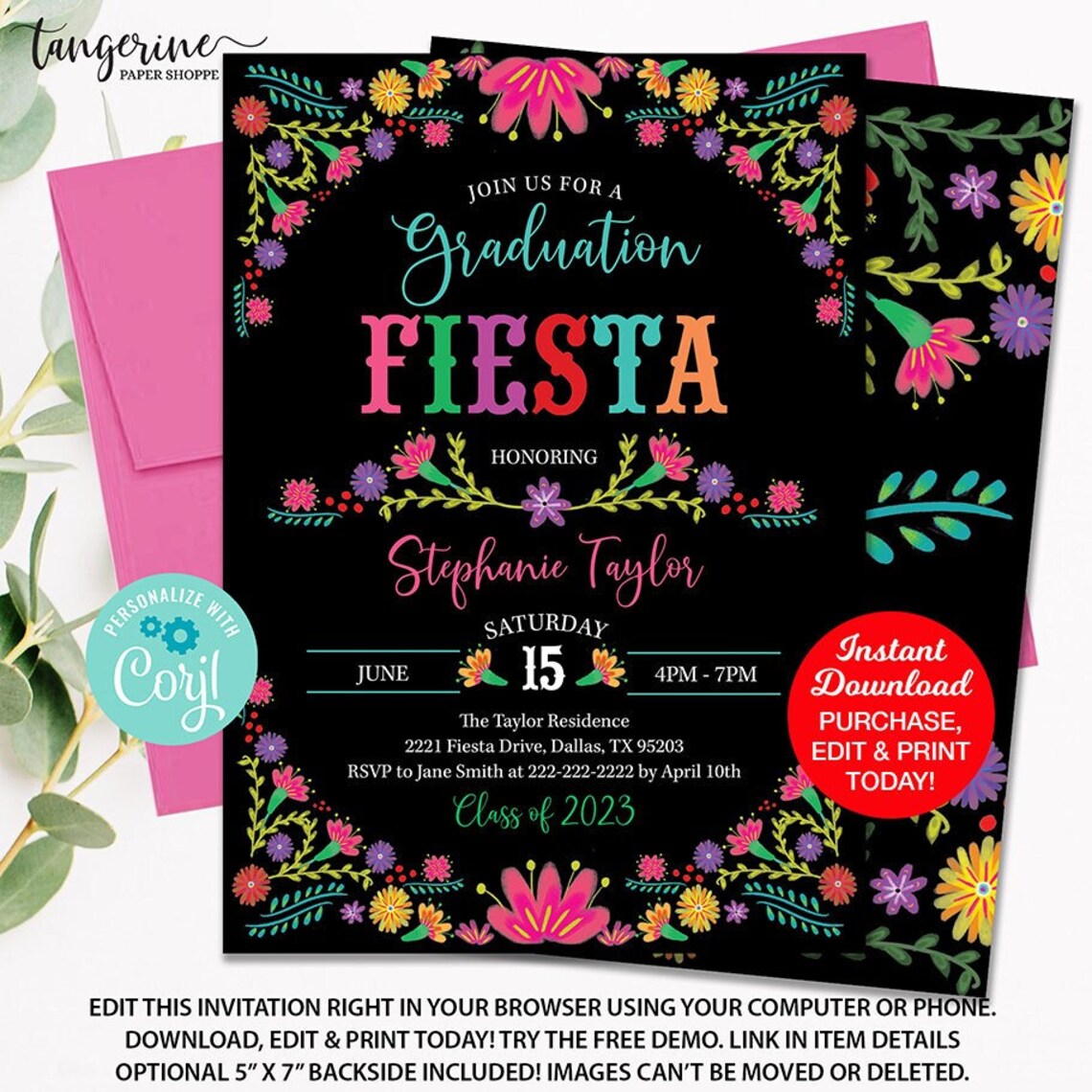 Editable Fiesta Graduation Party Invitation Black, 2025 Graduation ...
