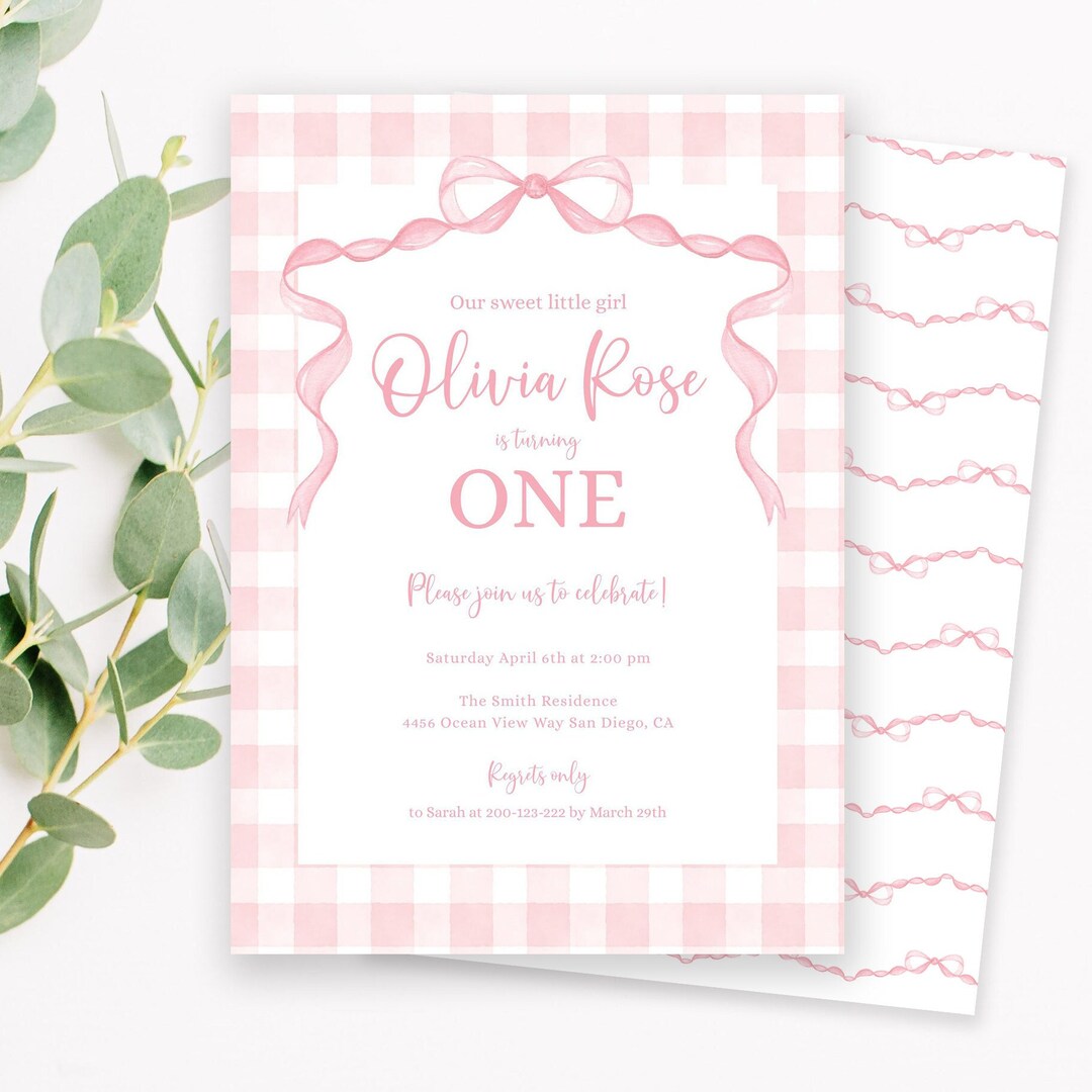 EDITABLE Pink Gingham Bow First Birthday Invitation, Girl 1st Birthday ...