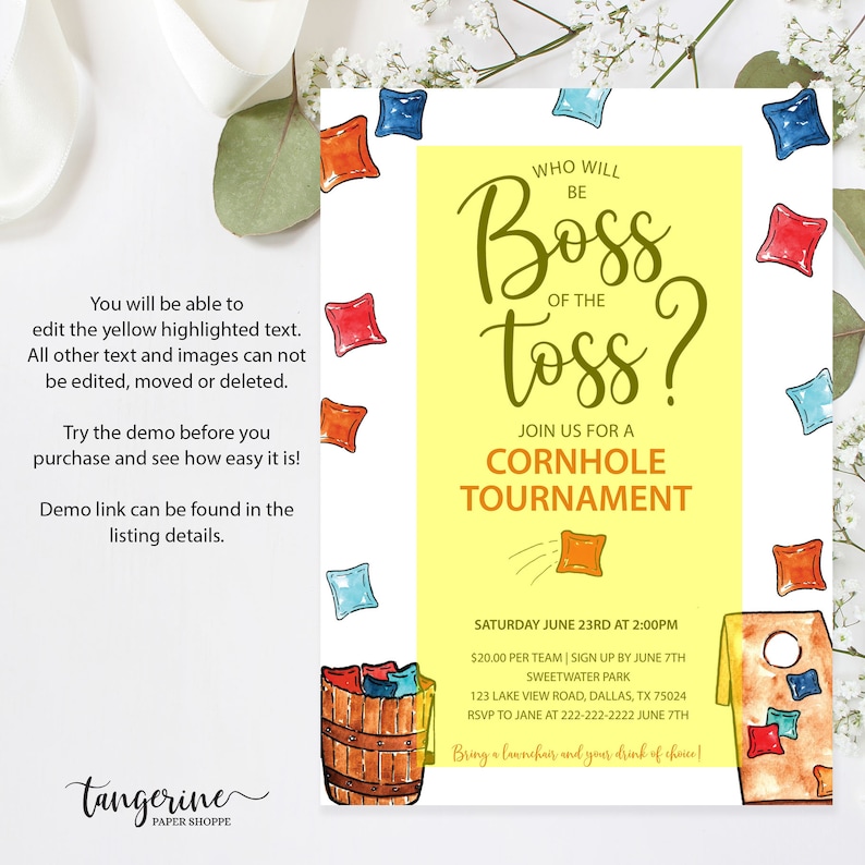 Editable Cornhole Tournament Invitation, Boss of the Toss Backyard ...