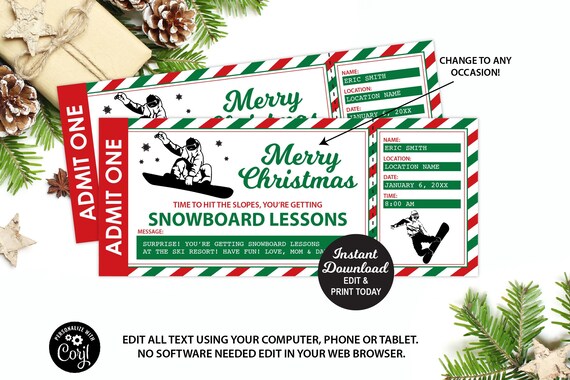 Christmas Snowboard Lessons Ticket Printable, Editable Snow Boarding ...