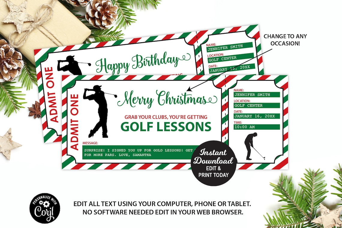 Golf Lessons Ticket Editable Golf Lessons Gift Certificate - Etsy