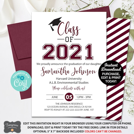 Graduation Invitation Burgundy, Maroon Graduation Announcement, Class ...