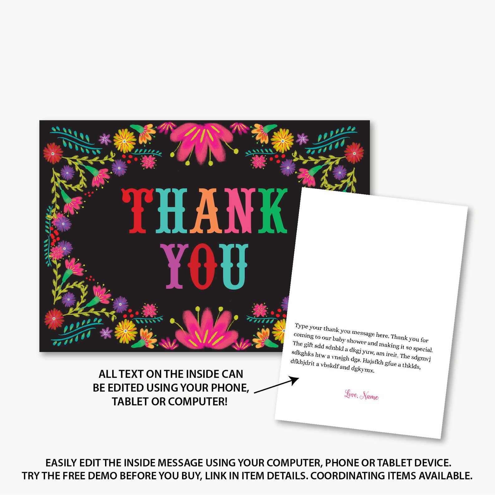 Fiesta Thank You Card Folding, Mexican Party Thank You Card, Thank You ...