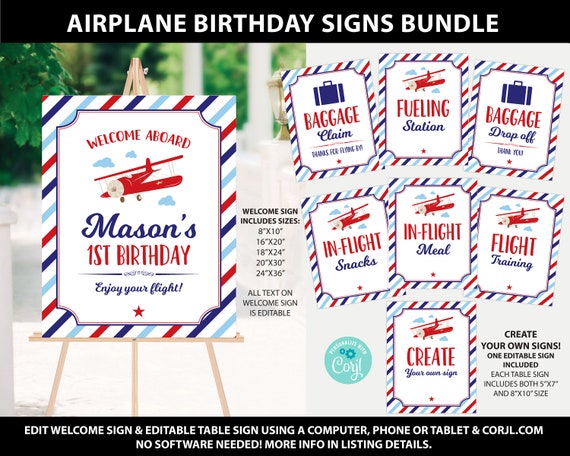 Airplane Birthday Sign Package, Airplane Birthday Welcome Sign ...
