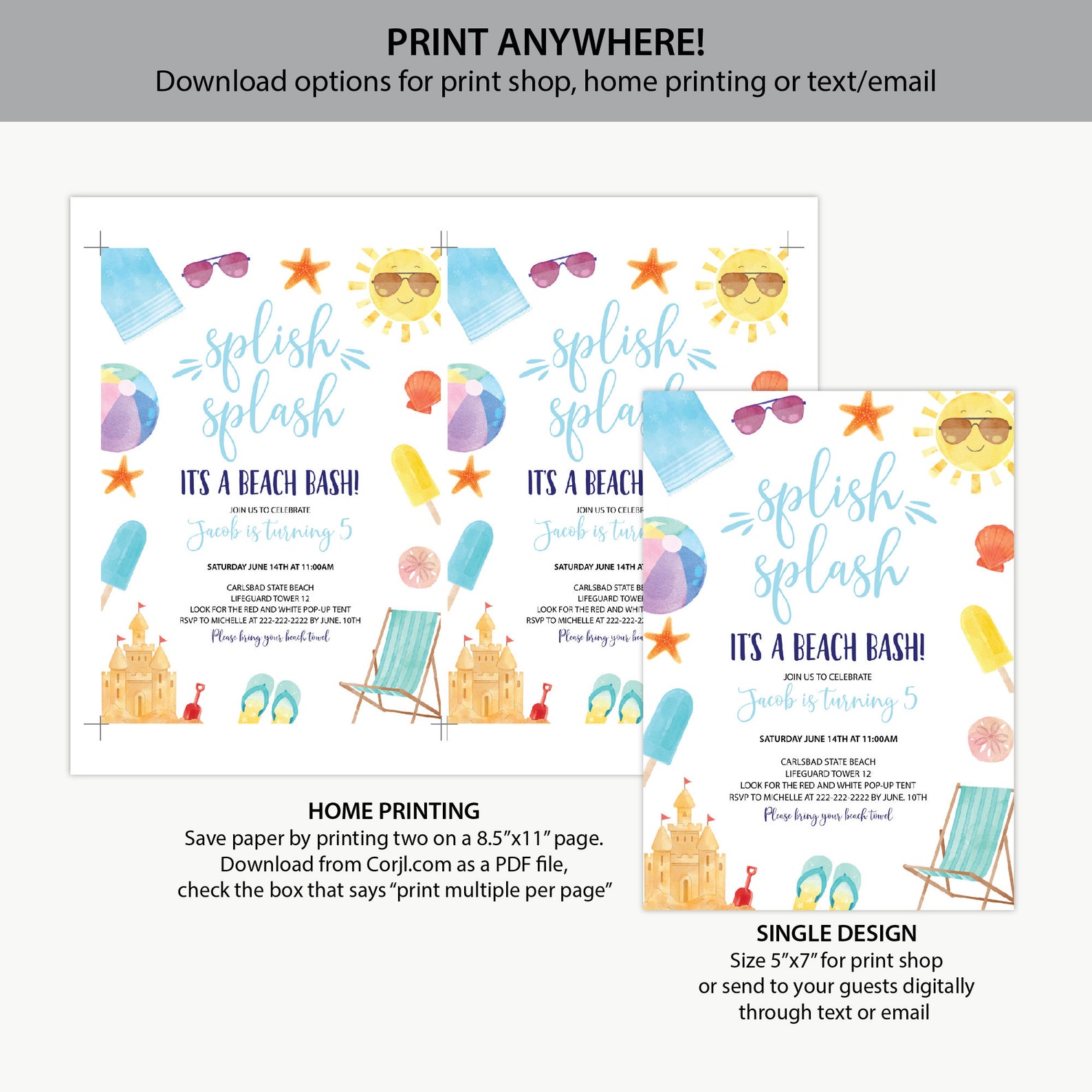 Editable Beach Birthday Party Invitation, Boy Beach Bash Invite ...