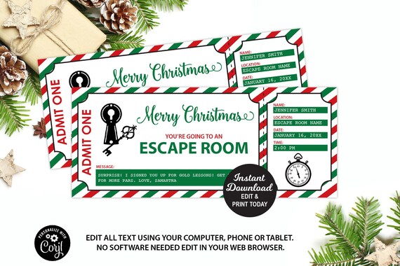 Escape Room Ticket Editable, Christmas Gift, Surprise Gift Ticket ...