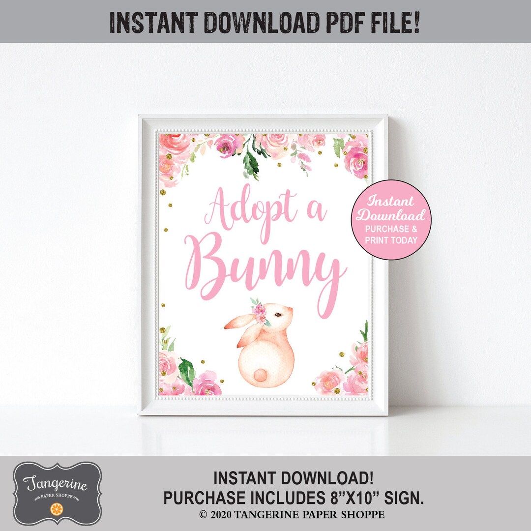 Adopt a Bunny Sign Printable, Bunny Favors Sign Pink Gold, Bunny ...
