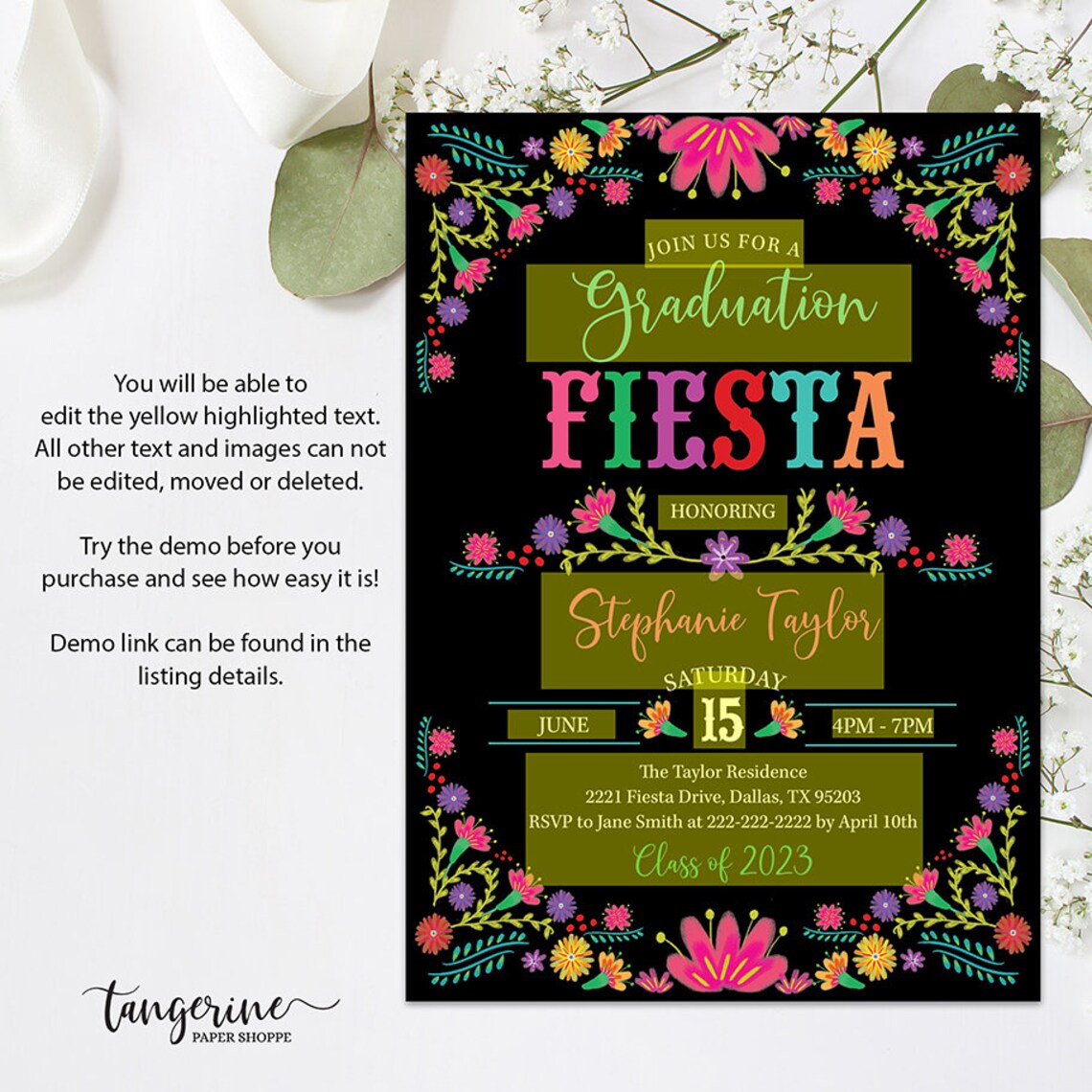 Editable Fiesta Graduation Party Invitation Black, 2025 Graduation ...