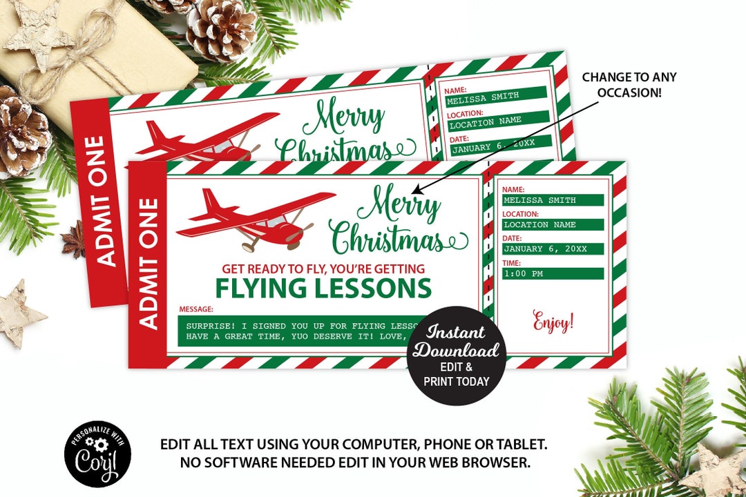Editable Flying Lessons Ticket, Christmas Gift Certificate, Surprise ...