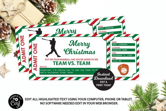 Christmas Baseball Ticket Gift, Baseball Ticket Printable, Surprise ...