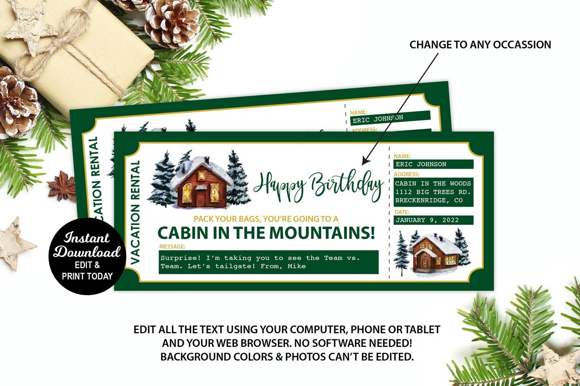 Vacation Rental Ticket, Cabin Rental Gift, Editable Vacation Home ...