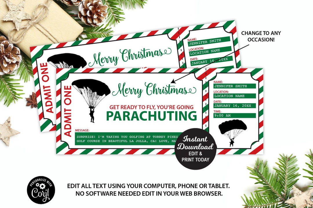 Christmas Parachuting Ticket, Surprise Parachute Gift Ticket Printable ...