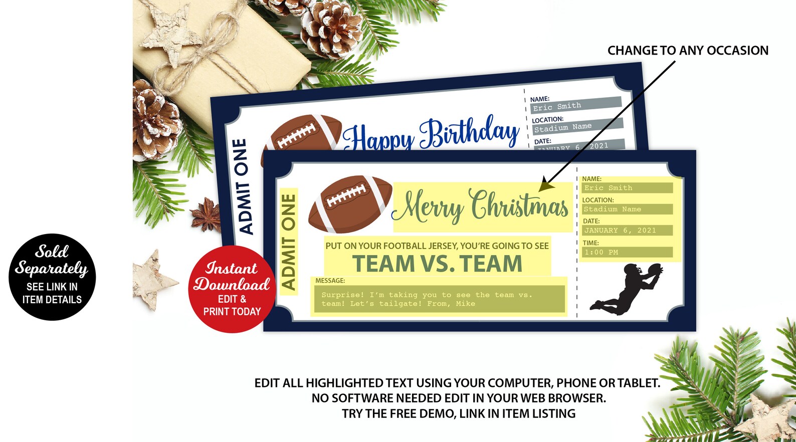 Editable Football Game Ticket, Football Gift Ticket, Dallas Colors ...