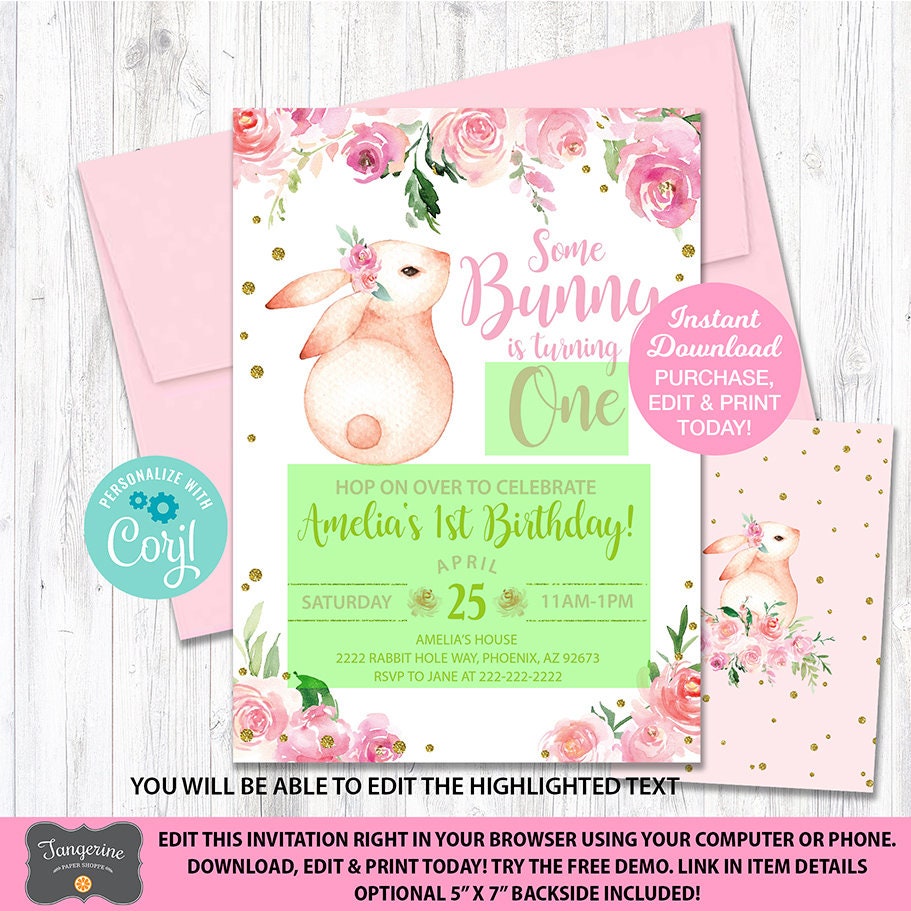 Bunny Birthday Invitation Some Bunny Is One Spring Birthday | Etsy
