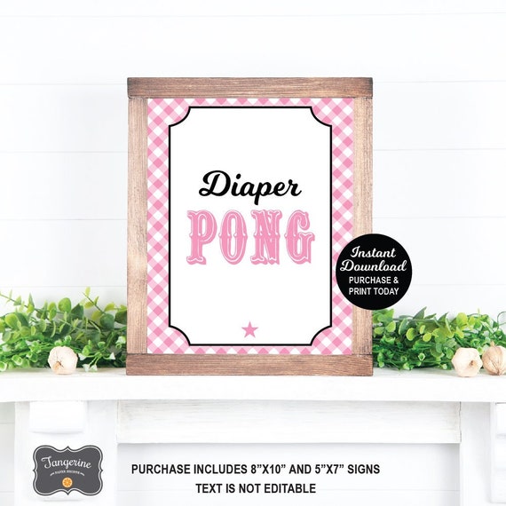 Diaper Pong Sign Pink, Baby Q Baby Shower Game Sign, Diaper Pong Game ...