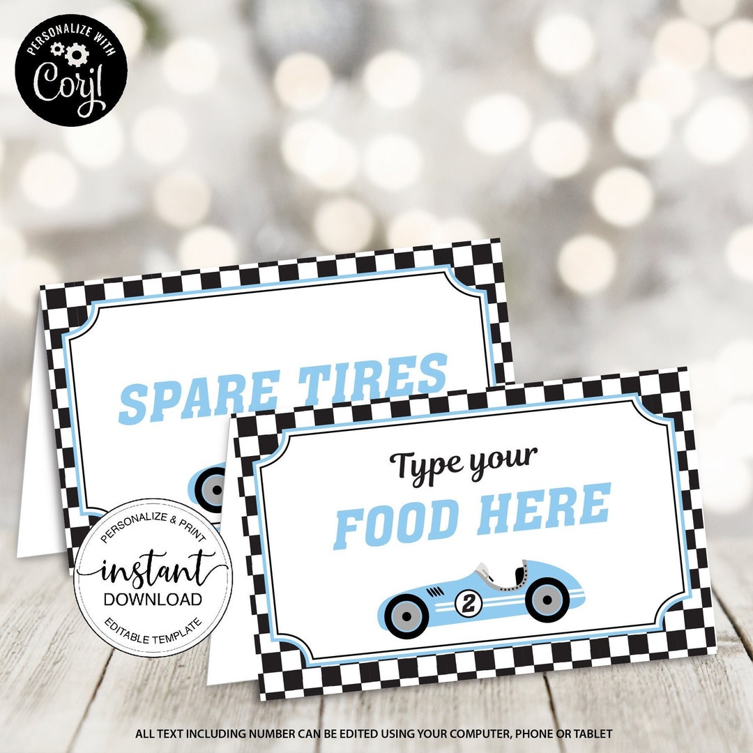 Race Car Food Tent Labels Editable Template Blue Vintage Race Car Food ...