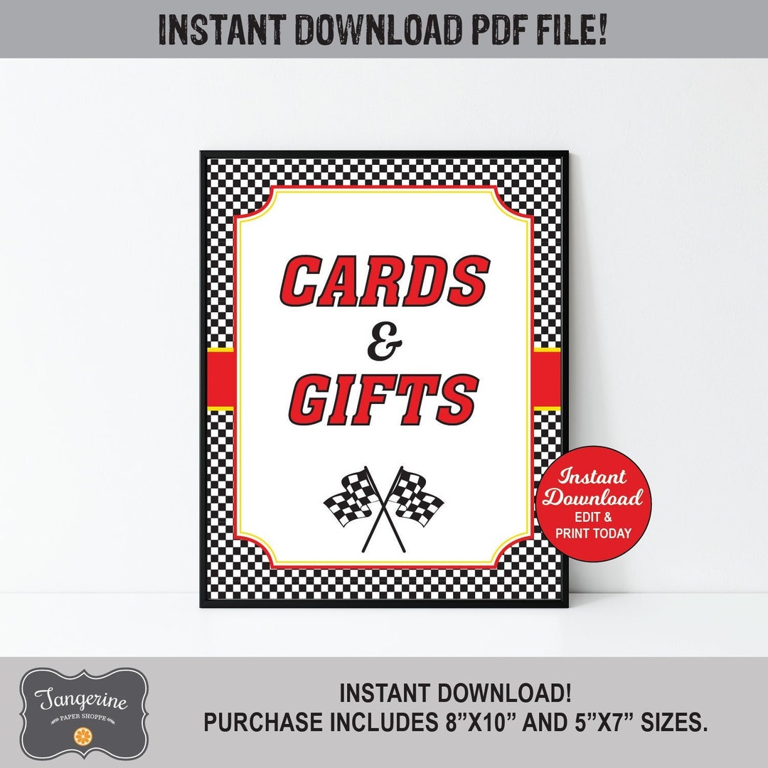 Cards and Gifts Sign, Race Car Birthday Gift Sign, Racing Car Birthday ...