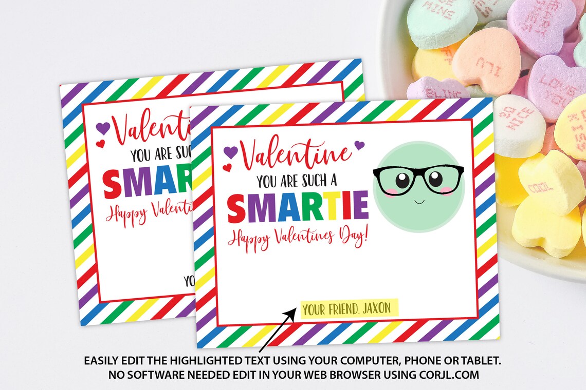 Smartie Valentines Day Tag Printable, Kids Valentine Card, School ...