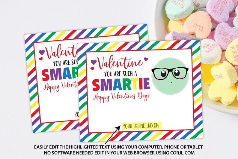 Smartie Valentines Day Tag Printable Kids Valentine Card - Etsy