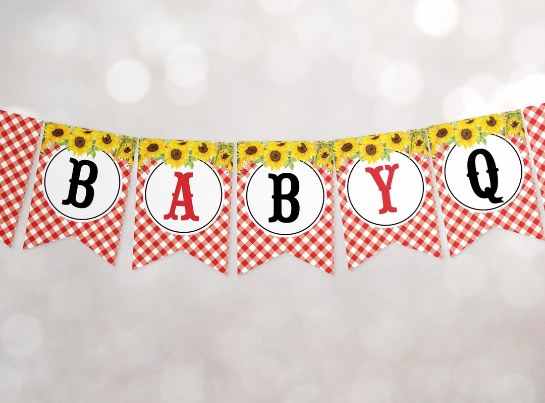Editable Baby Q Banner, BBQ Baby Shower Bunting Decoration, Red Gingham ...