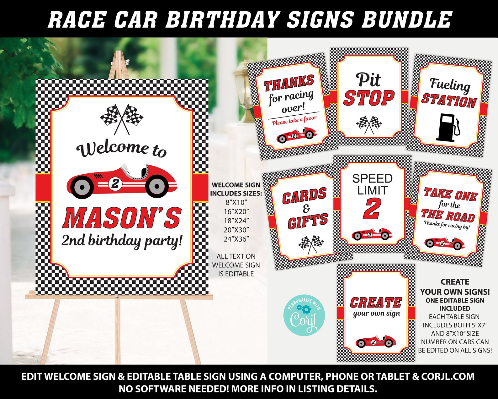 Race Car Birthday Sign Package, Race Car Birthday Decoration, Race Car ...