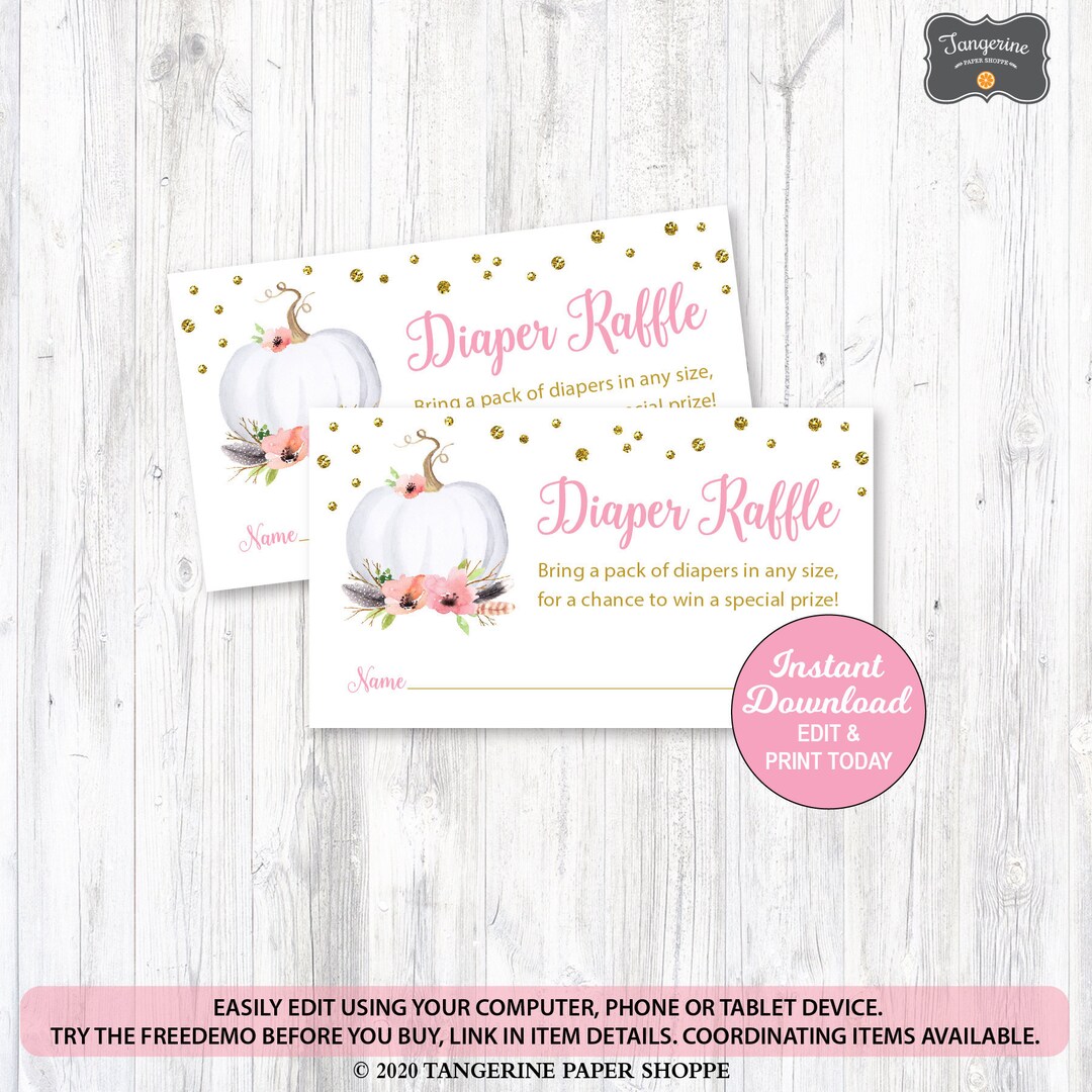 Pumpkin Baby Shower Diaper Raffle Cards, Editable Little Pumpkin Diaper ...