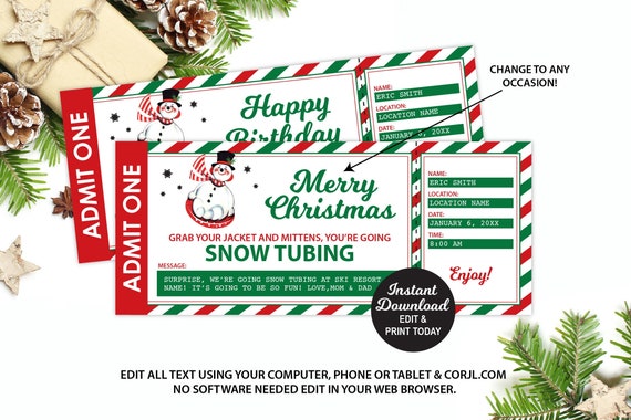 Snow Tubing Ticket Editable, Christmas Gift, Sledding Ticket Printable ...