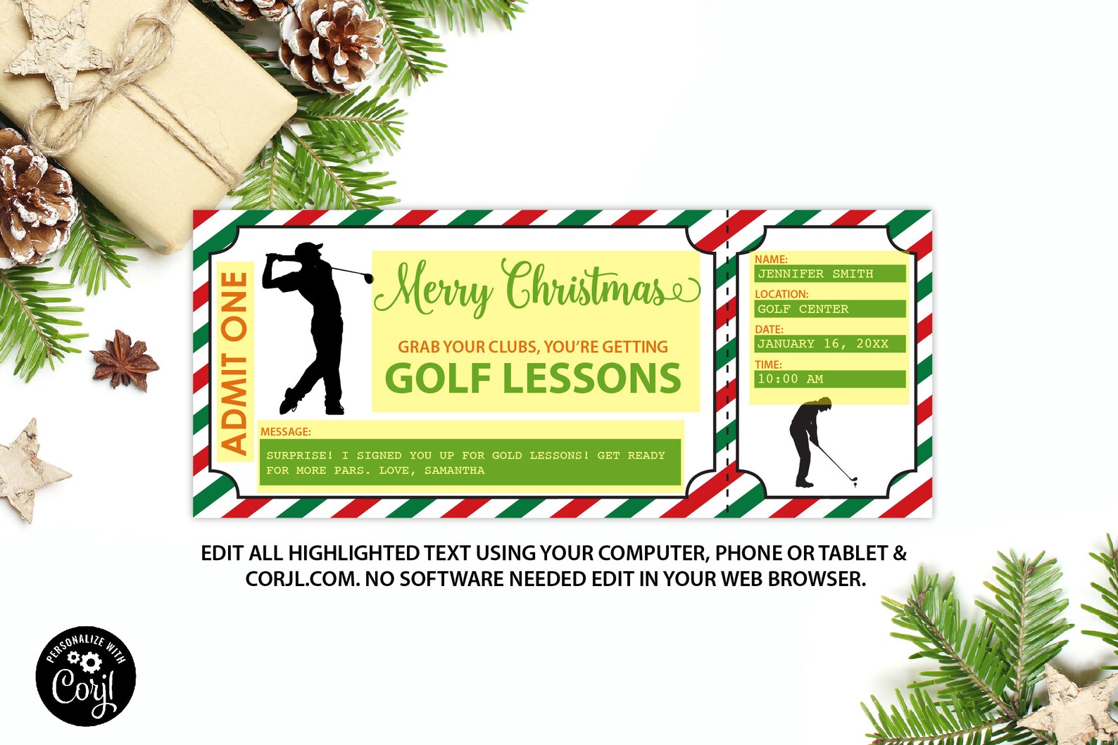 Golf Lessons Ticket, Editable Golf Lessons Gift Certificate, Christmas ...