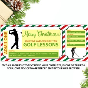 Golf Lessons Ticket, Editable Golf Lessons Gift Certificate, Christmas ...