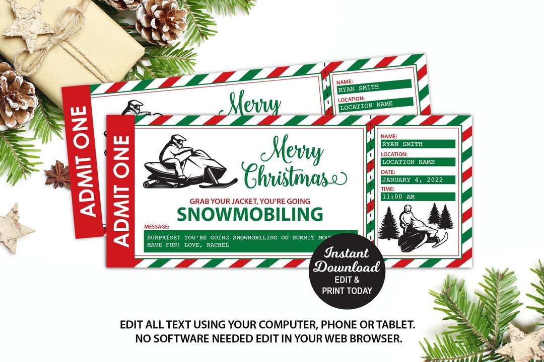 Snowmobile Ticket, Snowmobiling Gift Card, Christmas Gift, Editable ...