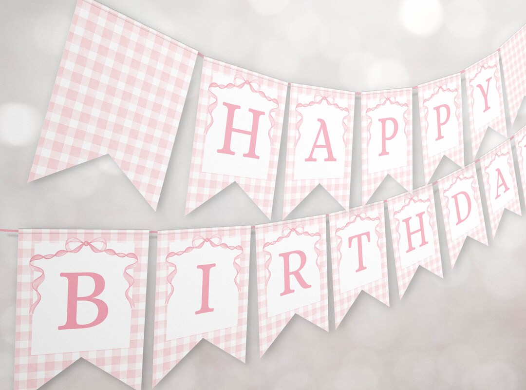 Pink Bow Happy Birthday Banner, Pink Gingham Party Bunting First 1st ...