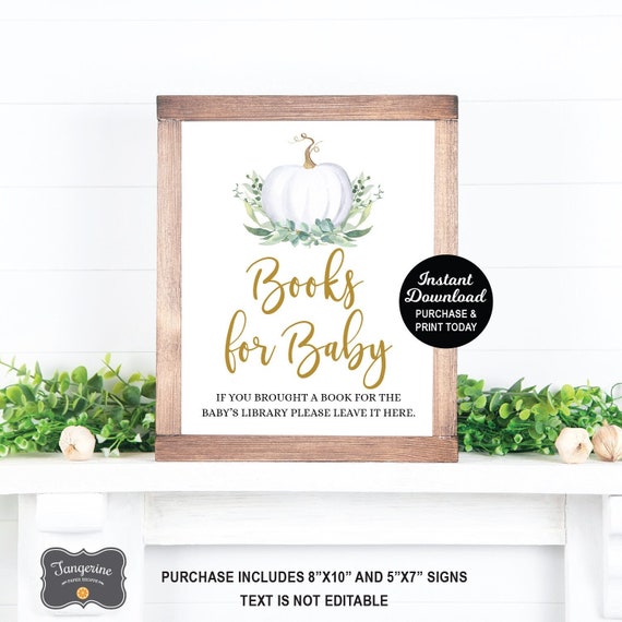 Books For Baby Sign, Baby Library Sign, Pumpkin Baby Shower, White ...
