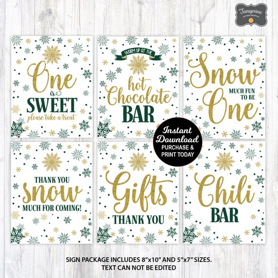 Winter ONEderland Signs Set of 6, Winter Wonderland Party Sign, Green ...
