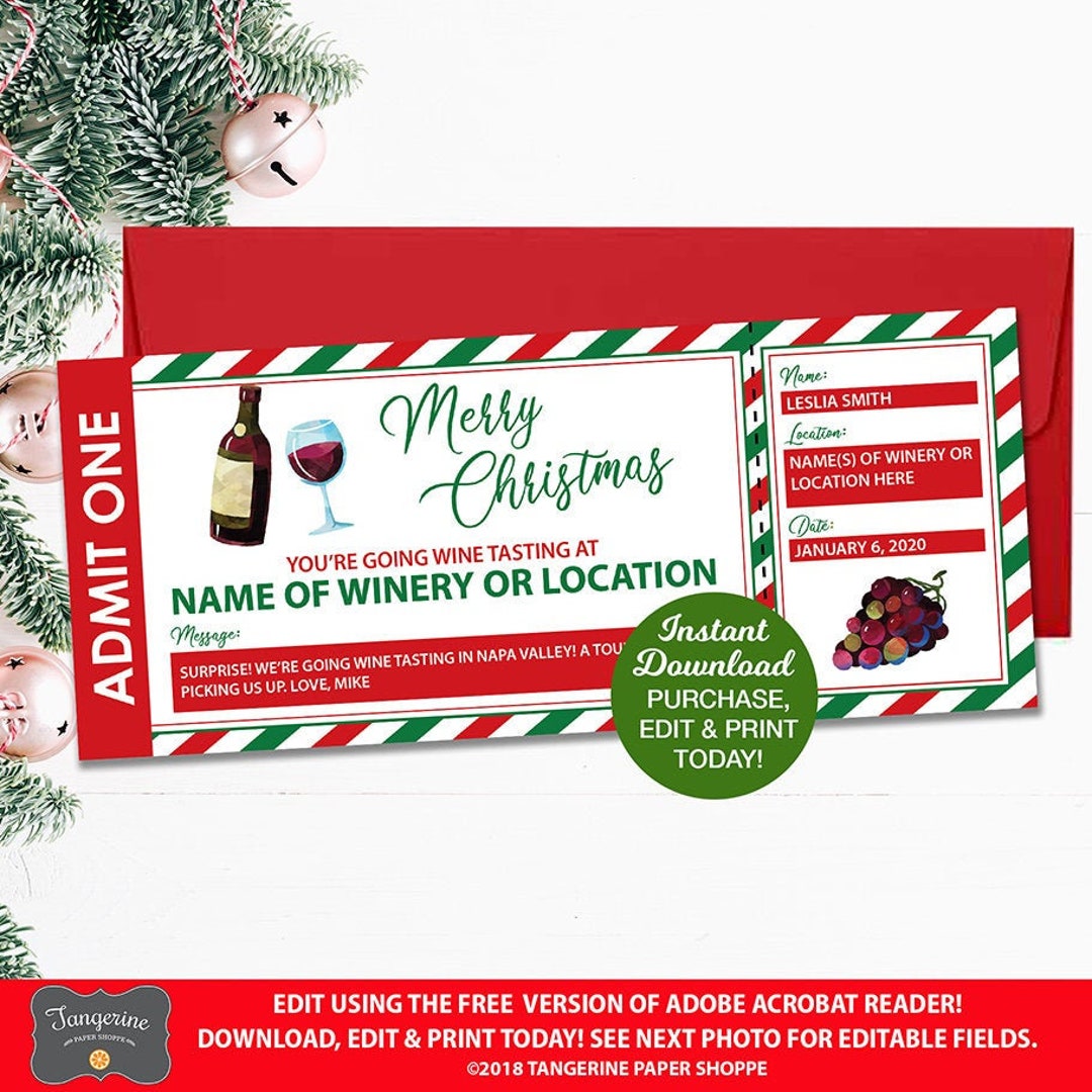 Christmas Wine Tasting Ticket Printable, Surprise Trip Ticket, Wine ...