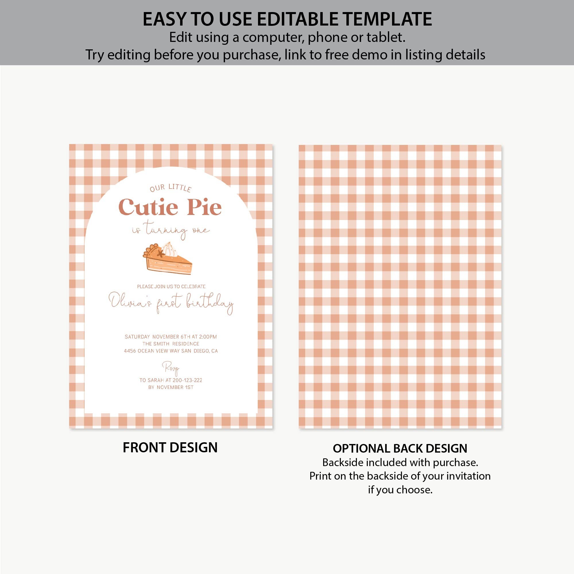 Editable Cutie Pie Birthday Invitation, Fall First 1st Birthday Party ...